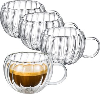 Wilmax England Wilmax - Thermogläser mit Henkel geriffelt - 4er-Set - 300 ml - Doppelwandige Kaffeegläser - Latte Macchiato Gläser Set - Cappuccino Gläser mit Henkel