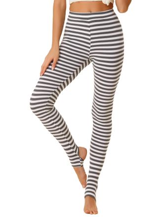 Allegra K Damen Legging High Waist Sportleggings Blickdicht Hose Elastisches Hosenbund Trousers Jogginghose Grau Wei&szlig; Streifen XL