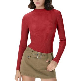 Generic Haut &agrave; col roul&eacute; c&ocirc;tel&eacute; uni &agrave; manches longues pour femme, pull en tricot chaud et ajust&eacute; pour le quotidien, le bureau et par temps froid, rouge past&egrave;q