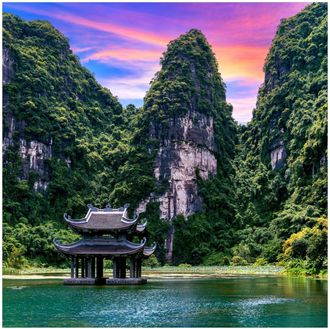 Wallario Sticker/Aufkleber f&uuml;r K&uuml;hlschrank/Geschirrsp&uuml;ler/K&uuml;chenschr&auml;nke, Selbstklebende Folie - 60 x 60 cm, Motiv: Pavillon zwischen Felsen