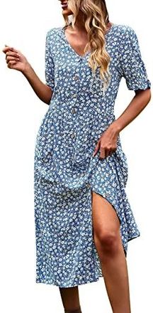 Generic 2026 Robe amincissante d&eacute;t&eacute; pour femme Coupe ajust&eacute;e &Eacute;l&eacute;gante Floral Manches courtes Jupe longue en mousseline de soie, bleu, L