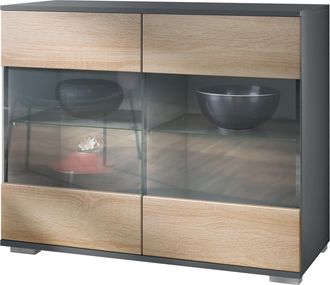 Vladon Kommode Bari V3, Moderner Küchenschrank mit 2 großen Glastüren inkl. RGB Beleuchtung Anthrazit matt/Eiche sägerau (92,5 x 75.5 x 35)