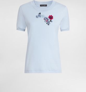 Dolce & Gabbana Jersey T-shirt With Flower Patch - Frau T-shirts Und Sweatshirts Hellblau 40