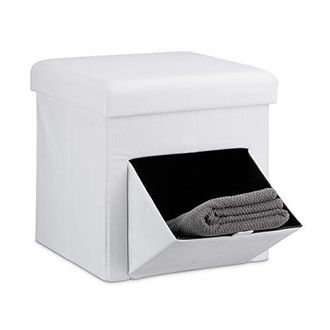 Relaxdays Faltbarer Sitzhocker, Leinen, Sitzwürfel, Aufbewahrungsbox mit Klappe, abnehmbarer Deckel, Sitzcube, stabil, Fußablage, HxBxT 38 x 38 x 38 cm, weiß