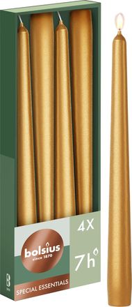 Bolsius Bolsius Glatte Spitzkerzen - Metallic Gold - Set 4 Stück im Karton - 24,5 cm - Dekorative Haushaltkerzen - Brenndauer 7 Stunden - Unparfümierte - Natü