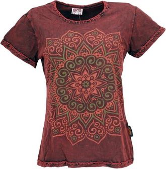 Guru Shop T-shirt imprim&eacute; mandala d&eacute;lav&eacute; pour femme en coton, rouge, 42