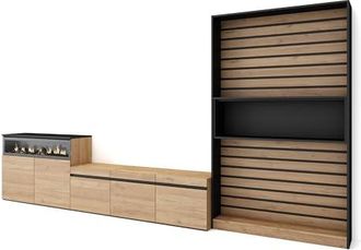 Skraut Home | Wohnwand Wohnzimmer | Wohnzimmerm&ouml;bel, M&ouml;belset | 360x186x35cm | F&uuml;r TV-Ger&auml;te bis zu 65 | Elektrokamin. | Moderner Stil | Eiche Schwarz