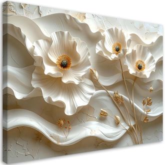 Feeby Quadro Su Tela, Fiori Bianchi Su Sfondo Ondulato - 100x70