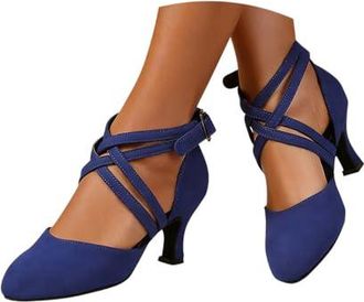 Minetom Chaussures De Danse Latine pour Femmes Sandale en Su&egrave;de Bout Ferm&eacute; Tango Valse Sociale Salsa A Bleu 39 EU