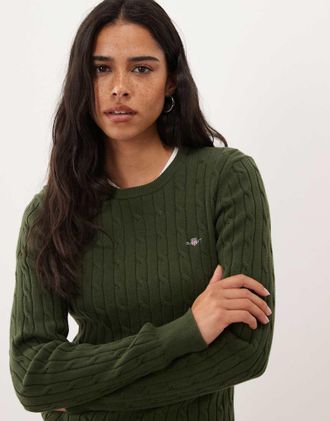 GANT pull en coton stretch &agrave; torsades vert mousse