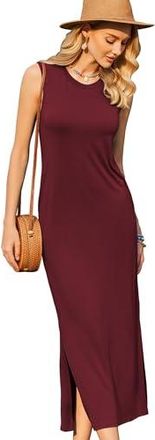 Zeagoo Robe longue dété sans manches pour femme - Col rond - Élégante - Avec poches et fente - Taille S à XXL, rouge bordeaux, S