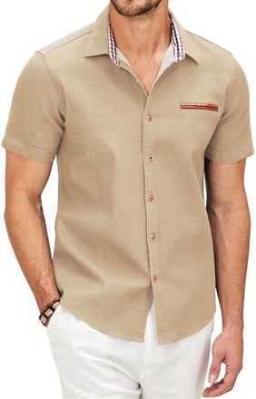 Coofandy Chemise Business Casual Homme - Chemise en Denim à Manches Courtes, Style Western, Légère et Confortable pour Vacances/Travail Kaki L