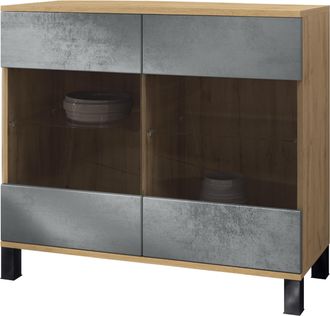 Vladon Kommode Bari V3, Moderner K&uuml;chenschrank mit 2 gro&szlig;en Glast&uuml;ren Eiche Evoke/Beton Dunkel Optik (92,5 x 84.5 x 35)