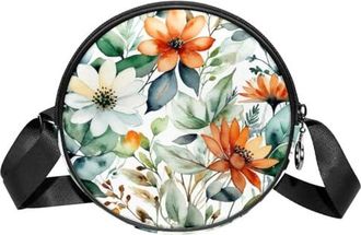 Generic Petit sac &agrave; bandouli&egrave;re circulaire pour femme, motif feuilles florales, sac &agrave; dos avec fermeture &eacute;clair, bretelles r&eacute;glables, sac &agrave; main rond d&eacute;contra