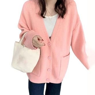 Generic Cardigan jaune &agrave; simple boutonnage pour femme avec col en V, rose, Taille Unique