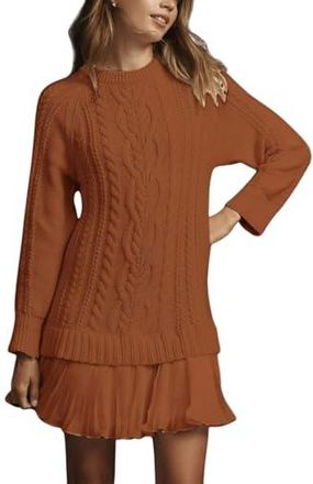 Generic Robe pull d&eacute;contract&eacute;e en tricot torsad&eacute; &agrave; col roul&eacute; pliss&eacute; pour femme, caramel, 3XL