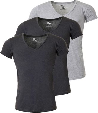 Young & Rich Herren Uni T-Shirt mit extra tiefem V-Ausschnitt Slimfit Stretch Dehnbare Passform einfarbiges Basic Shirt - 3er Pack, Gr&ouml;sse:3XL, Farbe:2 x Dunkelgra