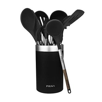 Cecotec Ustensiles De Cuisine en silicone Polka Excellence Force. Set de 9 pi&egrave;ces noir, rev&ecirc;tement Soft Touch et manche effet bois. Mat&eacute;riaux : silicone, nylo