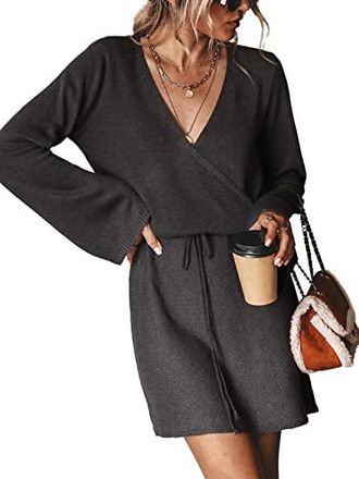 Cupshe Mini robe pull à manches longues et col en V pour femme, robe décontractée pour lautomne, Noir, M