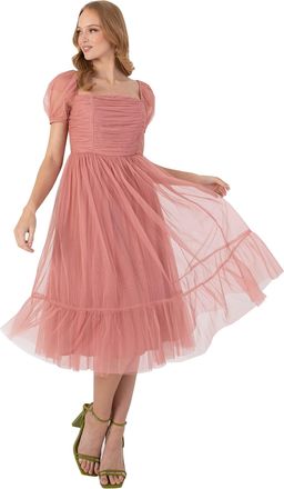 Anaya with Love Damen Ladies Midi Dress For Women Short Puffed Sleeve Square Neck Frilly For Wedding Guest Prom Ball Eveni Kleid, Rose, 44 EU