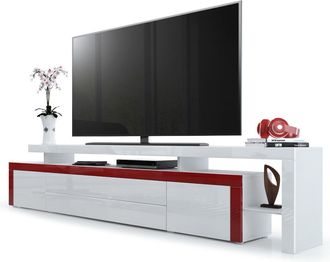 Vladon TV Board Lowboard Leon, Korpus und &Uuml;berbau in Wei&szlig; matt/Front in Wei&szlig; Hochglanz mit Rahmen in Bordeaux Hochglanz (227 x 52 x 35 cm)