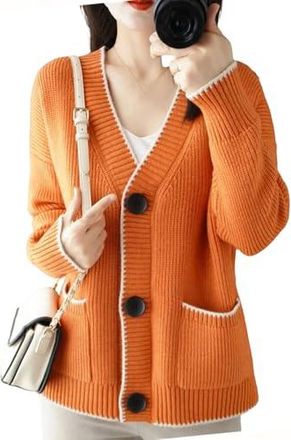 Generic Pull dhiver en tricot &agrave; col en V pour femme - Manches longues - Style d&eacute;contract&eacute;, Orange, Taille L