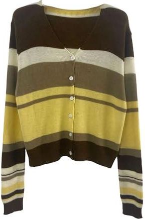 Generic Cardigan ray&eacute; &agrave; manches longues pour femme - Cardigan minimaliste - Col en V - Manteau tricot&eacute; cor&eacute;en doux, Couleur chocolat, Taille Unique