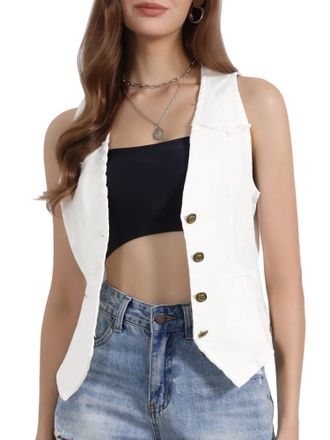 Allegra K Damen Jeansweste &Auml;rmellos Verwaschene Distressed Kragenlose Gilet Denim Jacke Wei&szlig; XS
