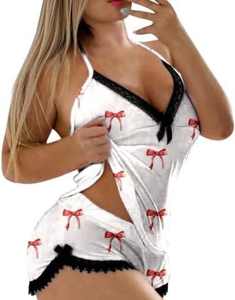 Generic Ensemble pyjama deux pi&egrave;ces pour femme avec col en V et short imprim&eacute; l&egrave;vres douces pour la Saint-Valentin 2026, blanc, XXL