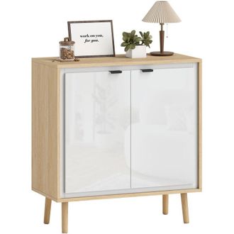 HOMCOM Buffet - HOMCOM - haute brillance - double porte, &eacute;tag&egrave;re r&eacute;glable - panneau de particules et MDF - 72 x 35 x 77 cm - blanc et ch&ecirc;ne