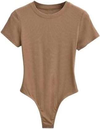 Generic YUJIEBB Body d&eacute;t&eacute; &agrave; manches courtes et col rond pour femme, tricot, extensible, mince, 14 couleurs, c2, L