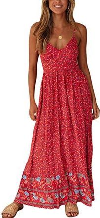 Minetom Robe Col V Fleur Manches Courtes Imprimé Floral Longue Décontracté sans Manches Robes Ete Plage Maxi Robe F Rouge XS
