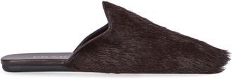 Prada Womens Lamb-Fur Leather Mules Cacao Slippers Flat Shoes