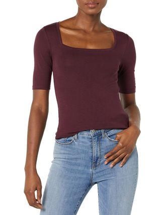 Amazon Essentials Damen Halbarm-T-Shirt mit eckigem Ausschnitt in schmaler Passform, Burgunderrot, XXL