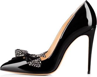 Generic Chaussures à Talons Aiguilles et Bout Pointu pour Femme,Escarpins à Talons Hauts Fermés avec Strass et Noeud Chaussures Confortables à Enfiler pour Ba