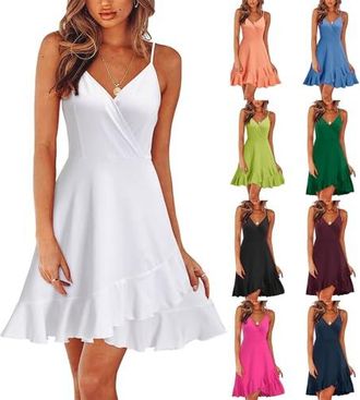 Generic Sundresses for Women 2024 Sexy Cross V Neck Mini Dress Spring Solid Date Night Dresses Adjustable Straps Prom