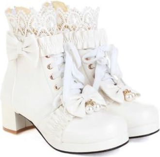 Generic Bottines de Cheville Femme Lolita Douce Bottines Courtes Rose à décor de Dentelle, Noeud Papillon et Perles à Talon épais pour Cosplay et Style Mignon