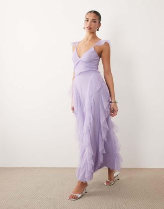 Lace & Beads Robe longue en tulle &agrave; volants et manches &eacute;vas&eacute;es - Lilas-Violet