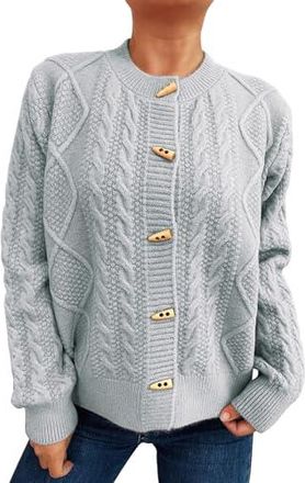 Generic Cardigan jacquard à manches longues pour femme - Pull vintage en tricot ample, Z09-bleu, L