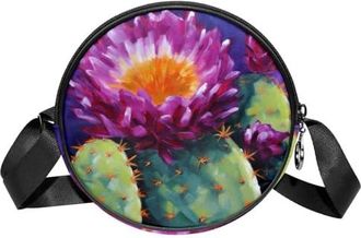 Generic Petit sac &agrave; bandouli&egrave;re rond pour femme, motif fleurs de cactus avec fermeture &eacute;clair, bretelles r&eacute;glables, sac &agrave; main rond d&eacute;contract&eacute; pour femmes et