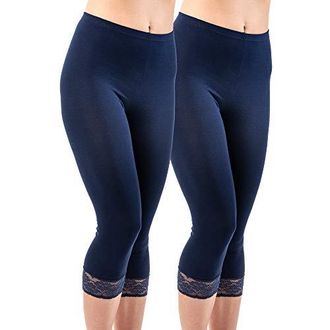 Hermko 5722 Corsaire avec Dentelle en Coton/&eacute;lasthanne Leggings 3/4 Femme, Couleur:Bleu fonc&eacute;, Taille:46/48 (L)