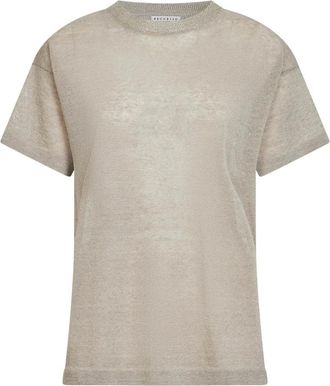 Brunello Cucinelli Femme, Tops, Beige, Taille: 42 FR Ribbed Lam&eacute; Knit Crewneck