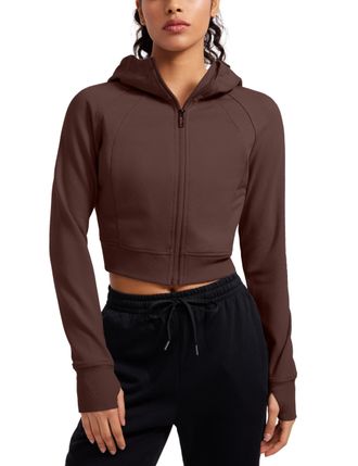 CRZ YOGA Damen Full Reißverschluss Fleece Hoodie Jacke Cropped Running Zip Up Laufjacke Workout Sport Sweatjacke mit Daumenloch Taupe 42