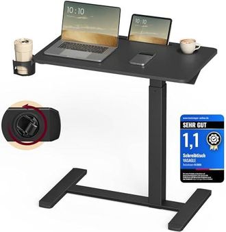 Vasagle Beistelltisch mit Rollen, mobiler Stehtisch, 70 x 40 cm gro&szlig;e Tischplatte, verstellbare H&ouml;he, 2 Getr&auml;nkehalter, Schlitz f&uuml;r Handy oder Tablet, tintens