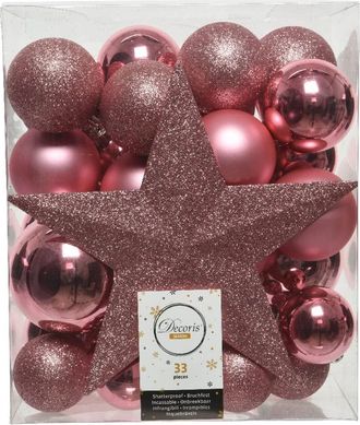 Kaemingk Weihnachtskugeln Kunststoff 5-8cm mit Christbaumspitze Stern 33er Set bruchsicher rosa pink