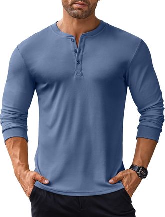 Coofandy Langarmshirt Herren Henley Shirt Herren Langarm Tshirt mit Knopfleiste Langarm Shirt Longsleeve Shirts Gerippt Henley Pullover Long Sleeve Navy Blau-b