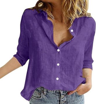Generic Chemises d&eacute;t&eacute; en coton et lin &agrave; manches 3/4 boutonn&eacute;es pour femme - Tunique d&eacute;contract&eacute;e et ample - V&ecirc;tements tendance 2026, violet, 5XL