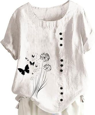 Generic Chemise Femme Coton et Lin T-Shirts &agrave; Manches Courtes Confortable Tee Shirt Femme Top Haut D&eacute;contract&eacute; Tunique Blouse Haut Chic et Elegant V&ecirc;tements I