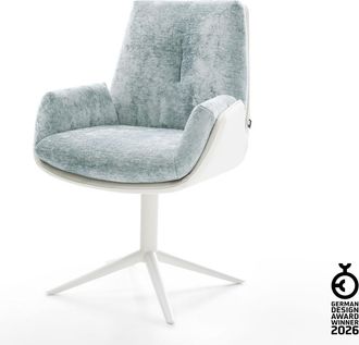 DELIFE Drehstuhl Clea-Flex Materialmix Echtleder Wei&szlig;-Pastellblau Fu&szlig;kreuz Wei&szlig; 360&deg; drehbar Wippfunktion, Esszimmerst&uuml;hle