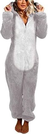 ORANDESIGNE Combinaison Femme Chic Hiver Begummy Pyjama Barboteuse Polaire Peluche avec Capuche Onesie Couleur Unie Manche Longue Teddy Chaude Playsuit Pyjama Une